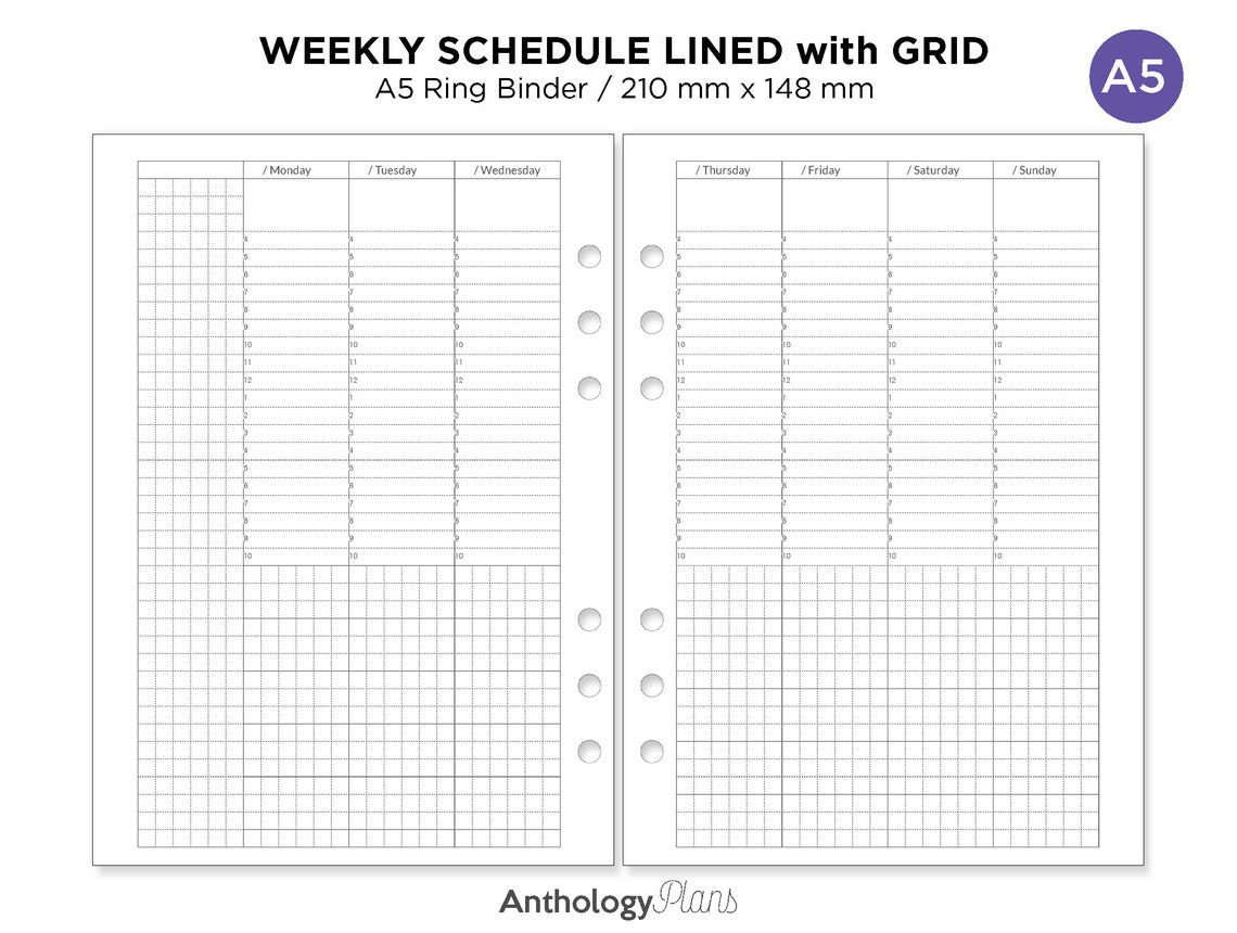 A5 Weekly Schedule Lined With Grid Lines Printable Insert for Ring ...