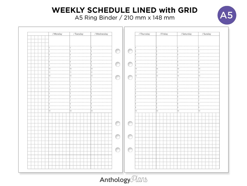 A5 Weekly Schedule Lined With Grid Lines Printable Insert for Ring ...