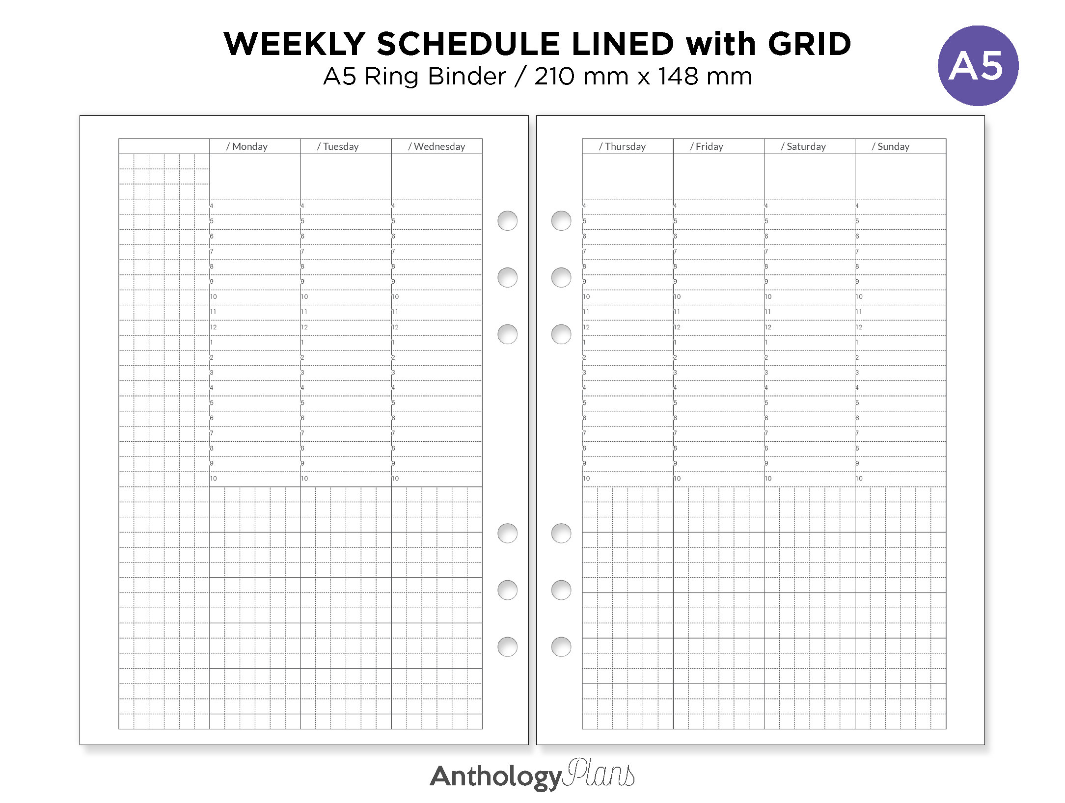 A5 Weekly Schedule Lined With Grid Lines Printable Insert for Ring ...