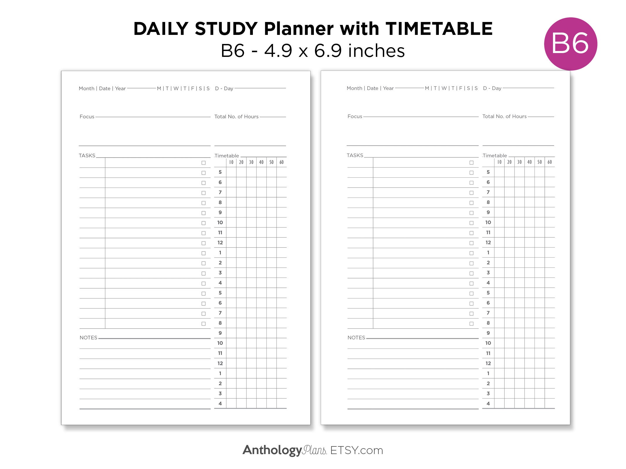 B6 DAILY Study Planner With Timetable for Ring or Discbound Binders ...