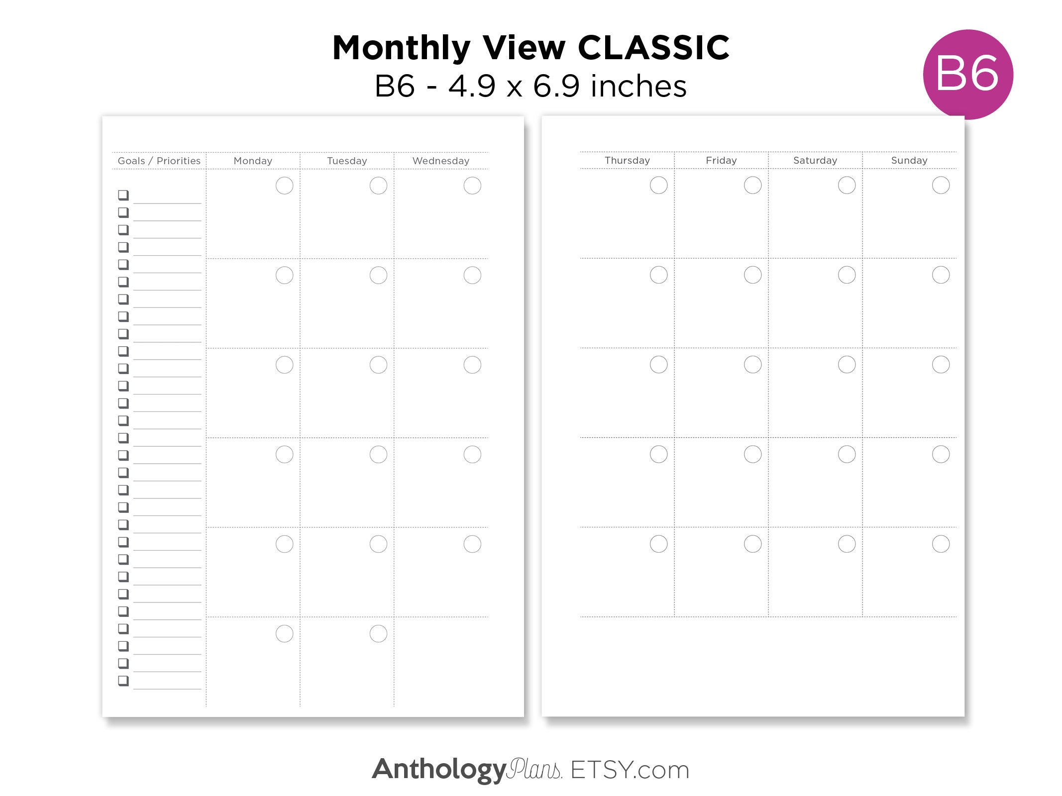 B6 MONTHLY View for RING or Discbound Printable Planner Refill Insert ...
