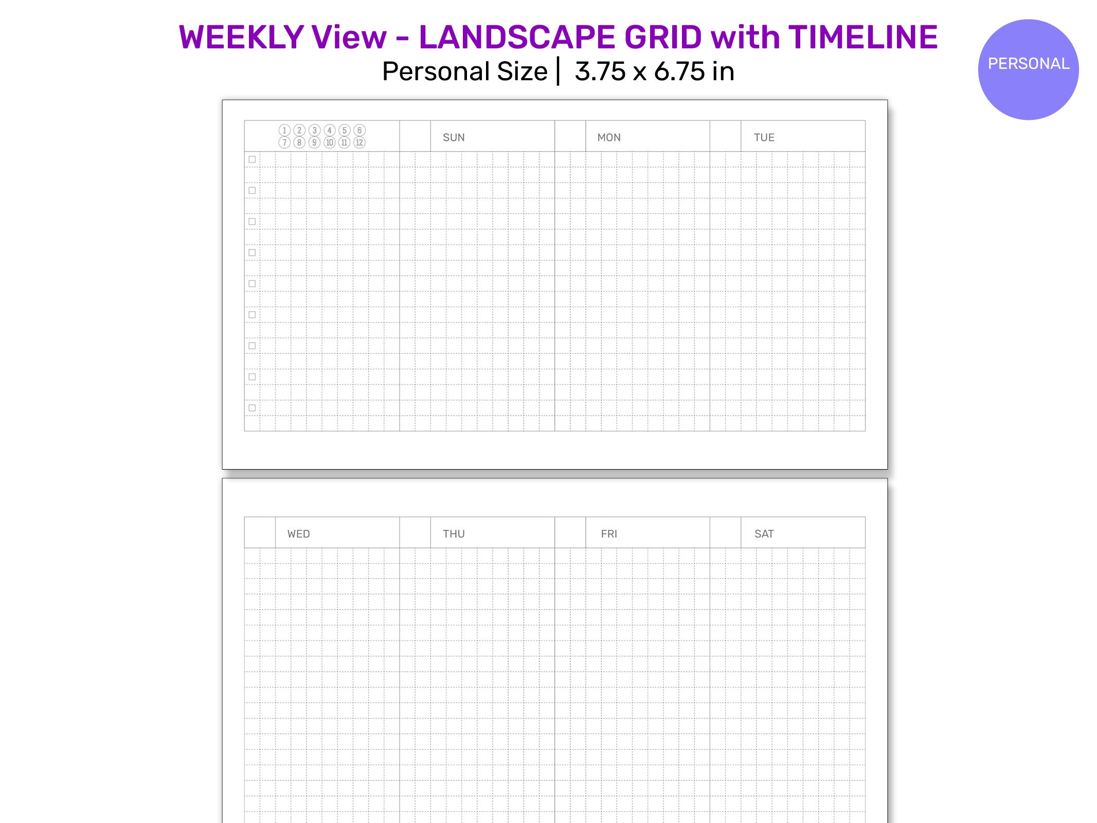 Personal Ring WEEKLY LANDSCAPE Format GRID With Time Line Printable ...