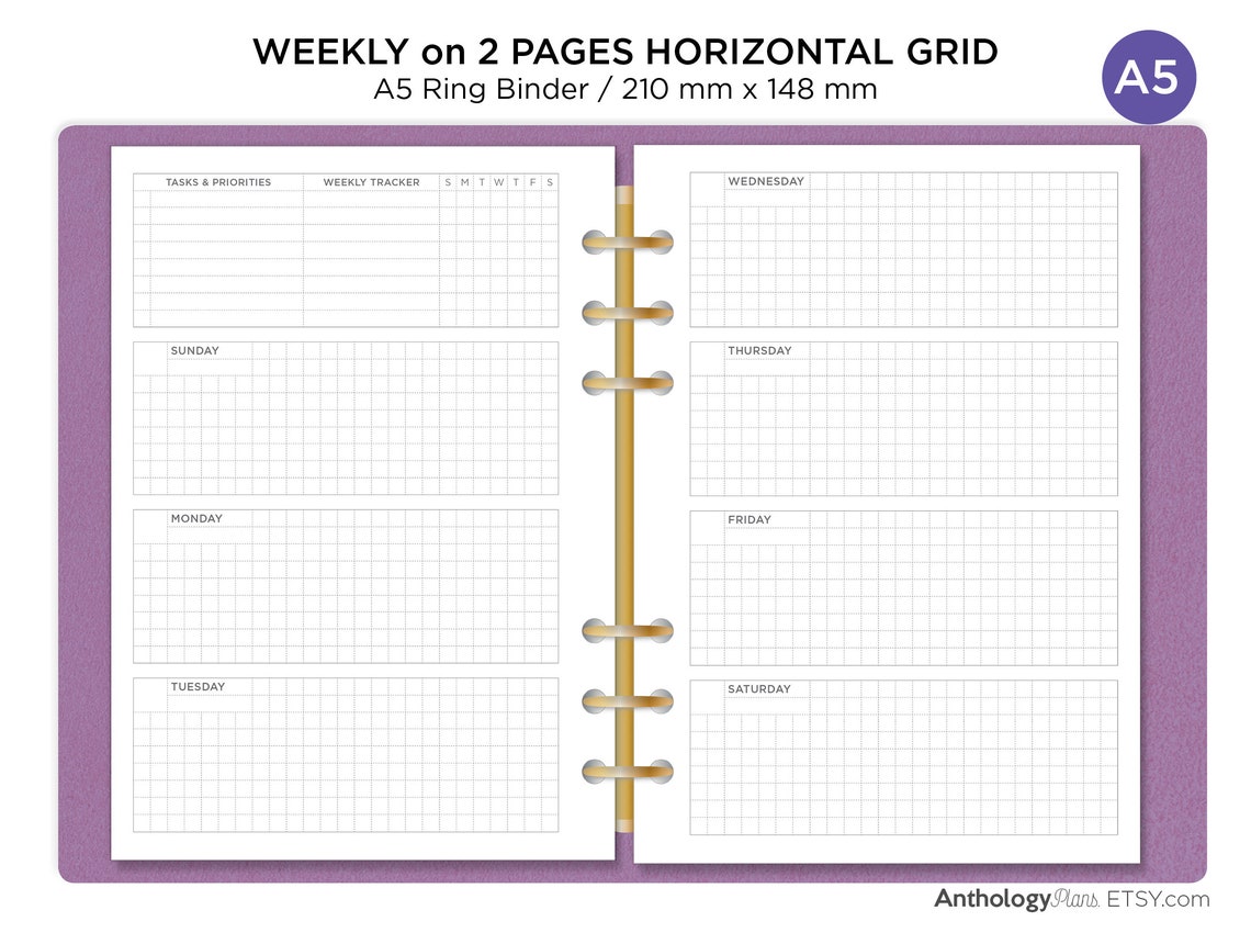 A5 Grid Week on 2 Pages, HORIZONTAL Planner Insert Refill, With Weekly ...