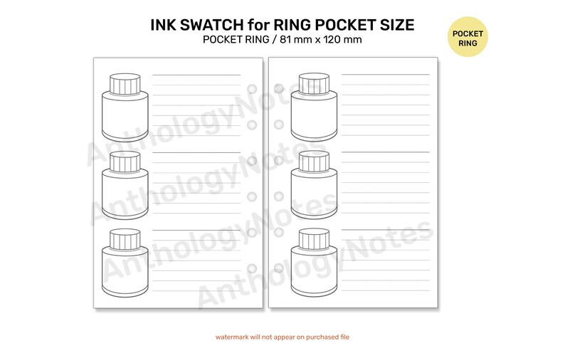 POCKET Ring Size Fountain Pen Ink Swatch Printable Planner Insert ...