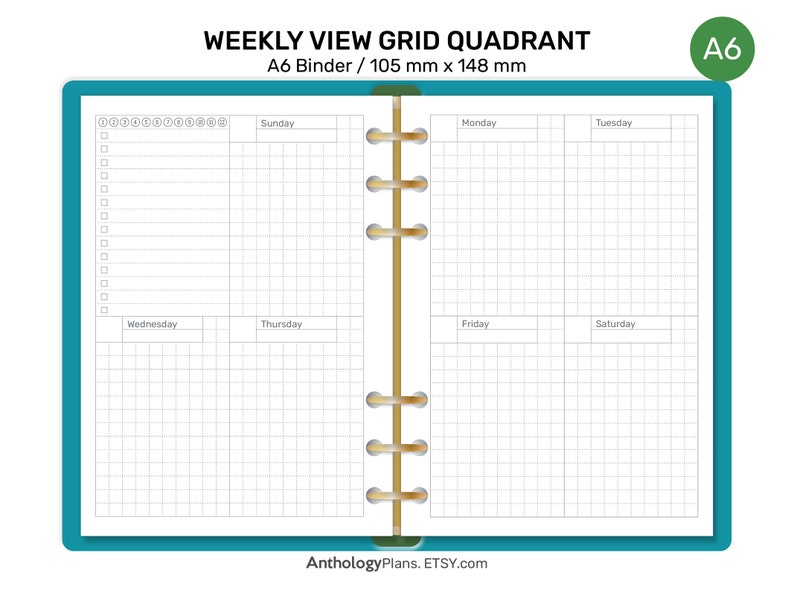 A6 WEEKLY VIEW Quadrant Grid Printable Planner Insert for Ring - Etsy
