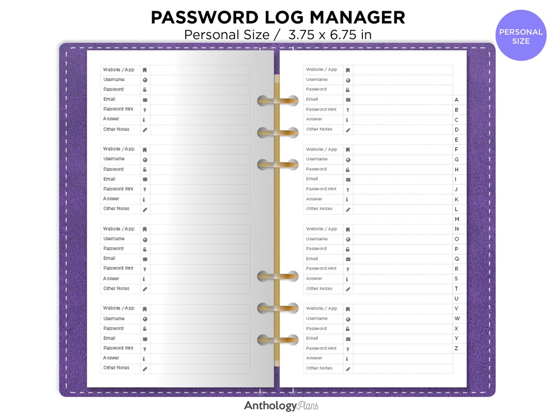 Personal Password Log Keeper Printable Insert for Ring Binders - Etsy
