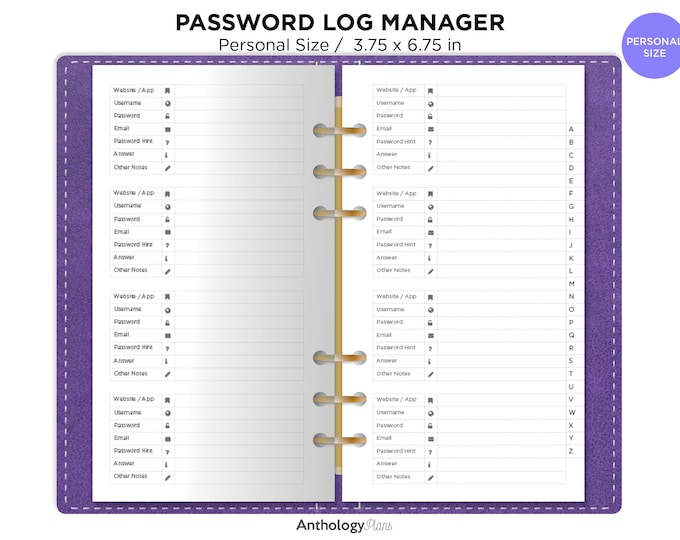 Personal Password Log Keeper Printable Insert for Ring Binders - Etsy