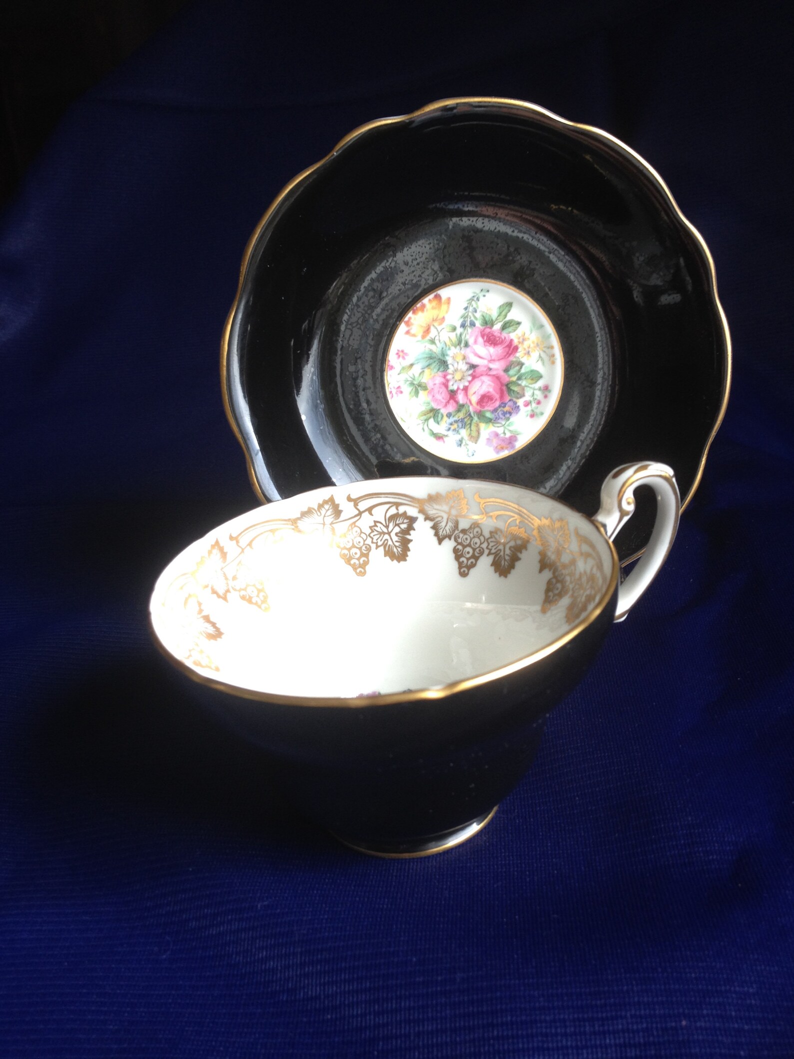 Foley Cup and Saucer E.B Bone China Black Floral With Gold Grape Vine ...