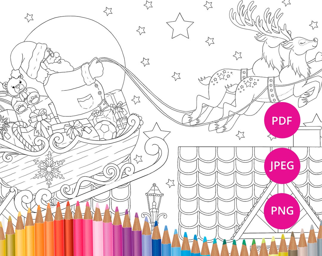 Santa and His Reindeers PDF Coloring Page, Father Christmas Coloring ...