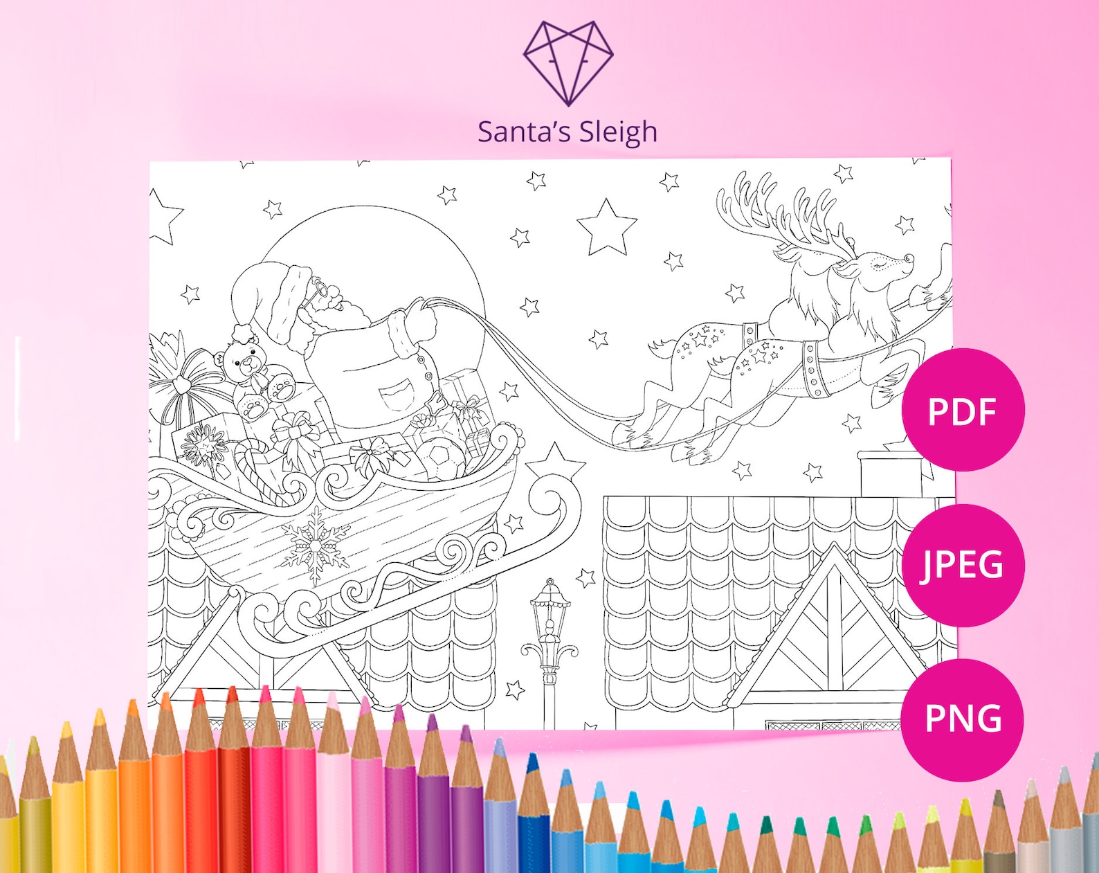 Santa and His Reindeers PDF Coloring Page, Father Christmas Coloring ...