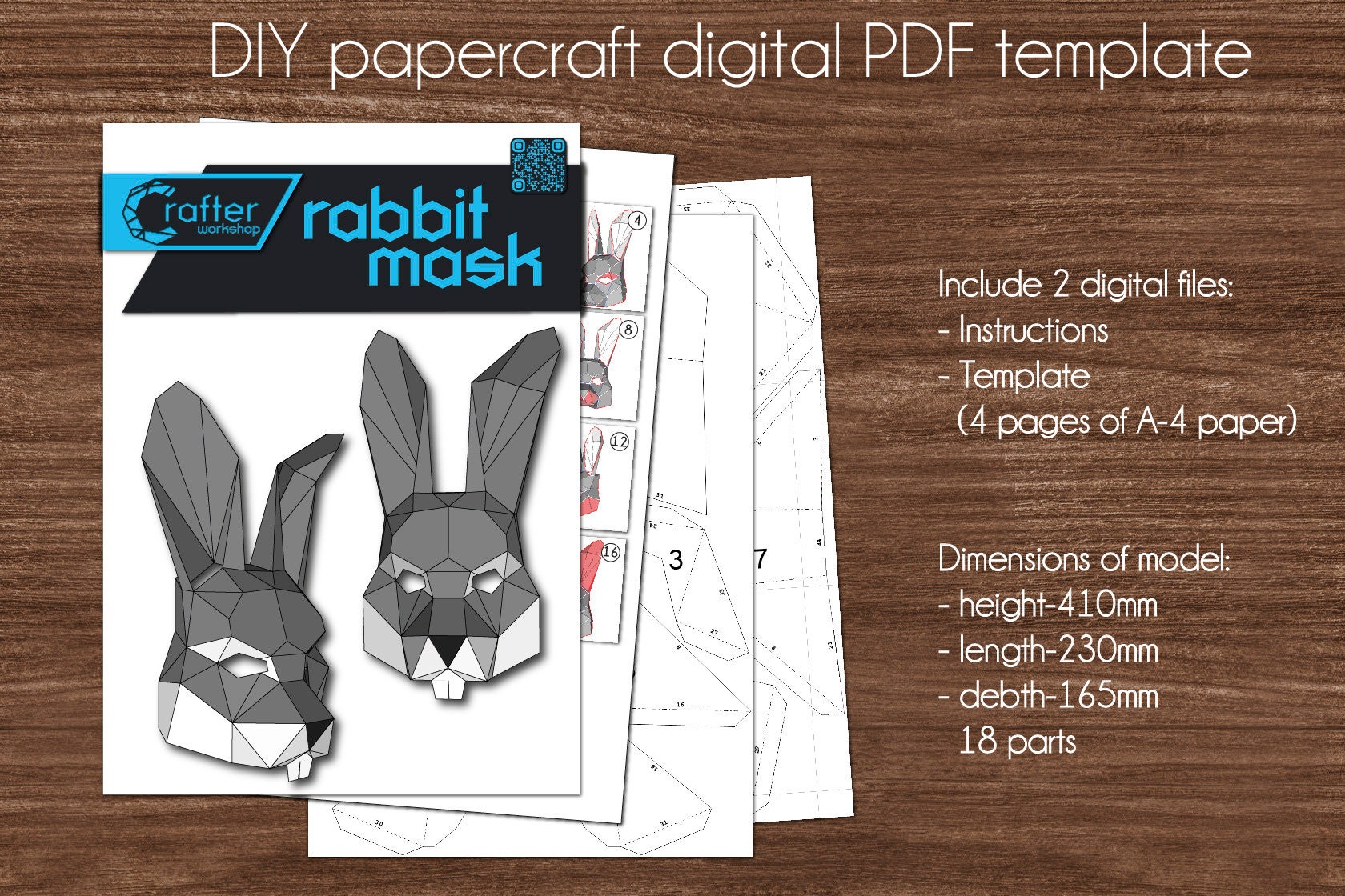 Papercraft Bunny Mask, Rabbit Papercraft Mask Digital Template, Low ...