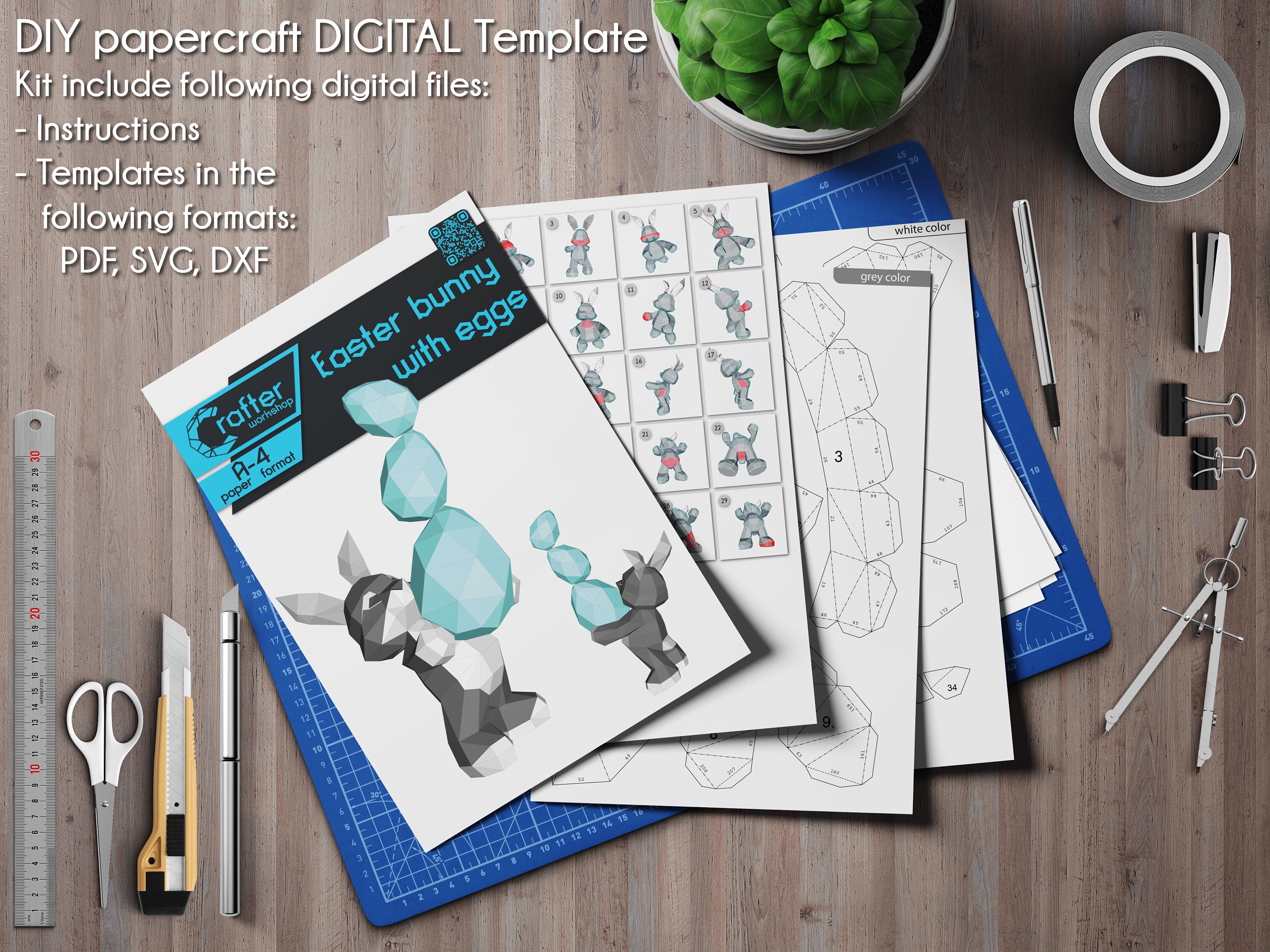 3d Papercraft Easter Rabbit Template, Easter Bunny Holding Easter Eggs ...
