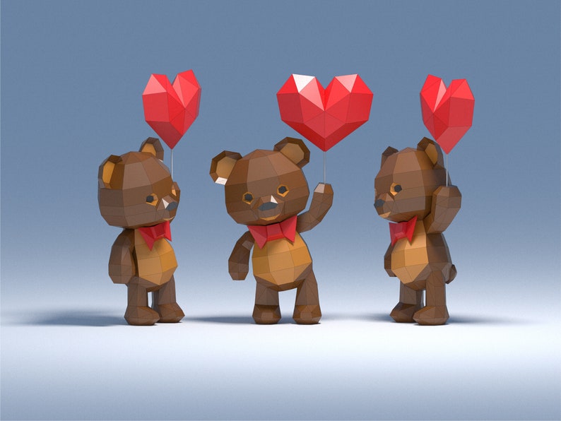 3d Papercraft Teddy Bear With Heart Balloon Digital PDF Template for ...
