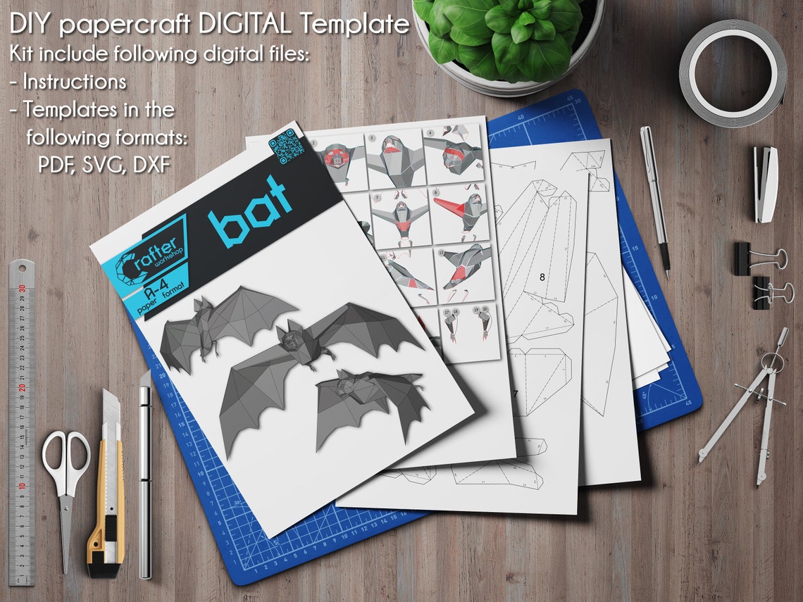 Papercraft PDF Halloween Bat, SVG Pepakura Bat Template, Low Poly ...