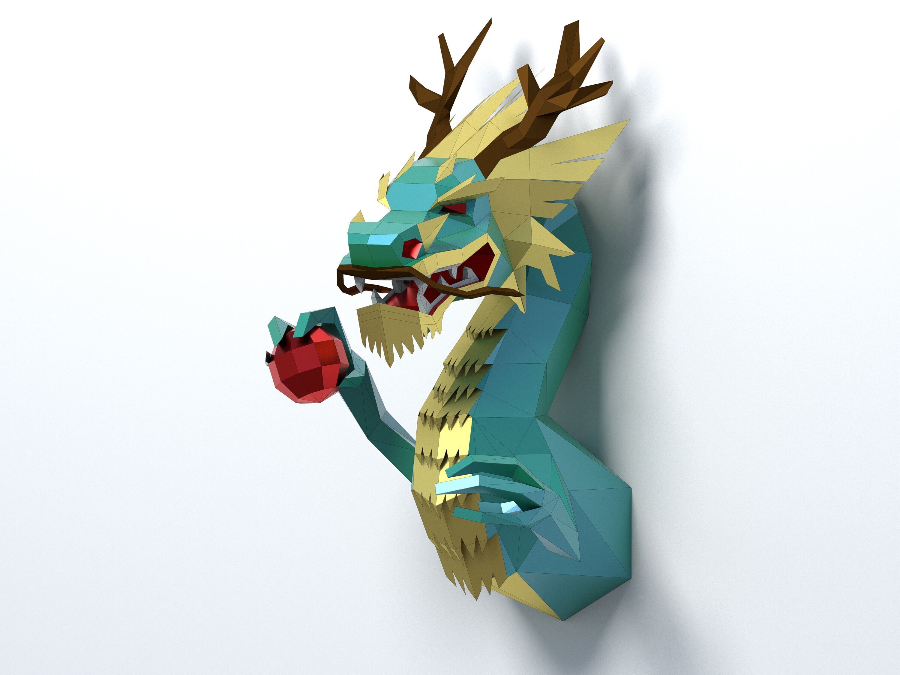 Dragón chino 3D Papercraft, plantilla SVG de dragón de baja poli ...