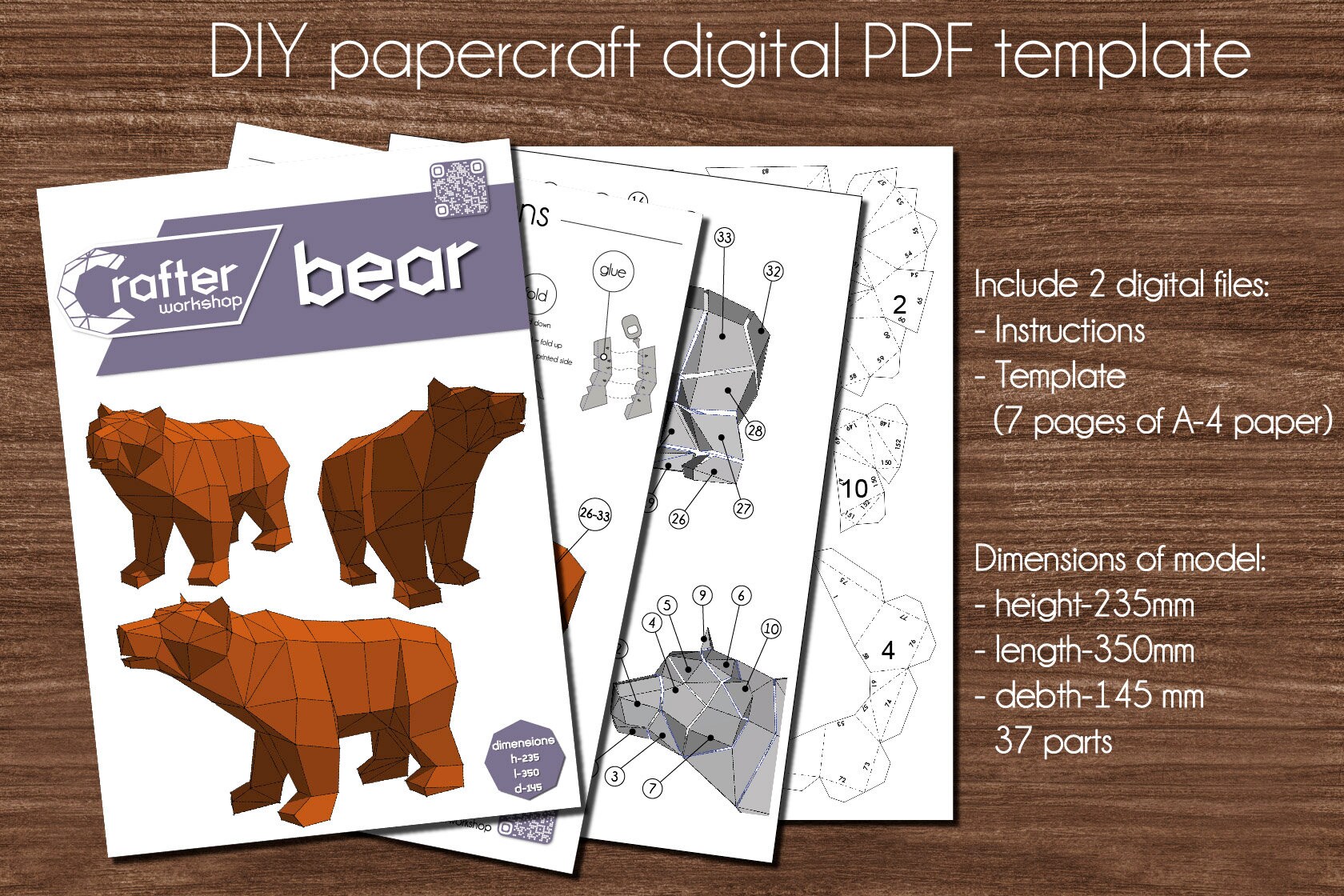 Papercraft Bear PDF Template, Paper Animal Pattern, DIY Low Poly Bear ...