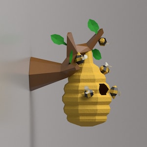 Papercraft Bee and Hive on a Branch, Low Poly Bee and Hive Template ...