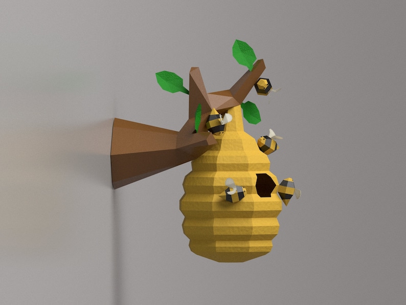 Papercraft Bee and Hive on a Branch, Low Poly Bee and Hive Template ...