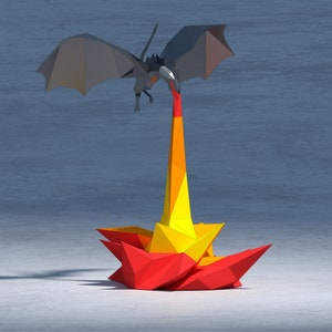3D Papercraft Dragon With Fire, Low Poly Fire Dragon Template, Paper ...