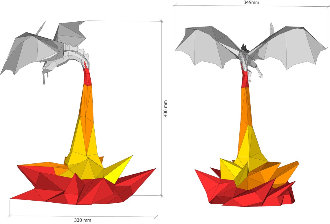 3D Papercraft Dragon With Fire, Low Poly Fire Dragon Template, Paper ...
