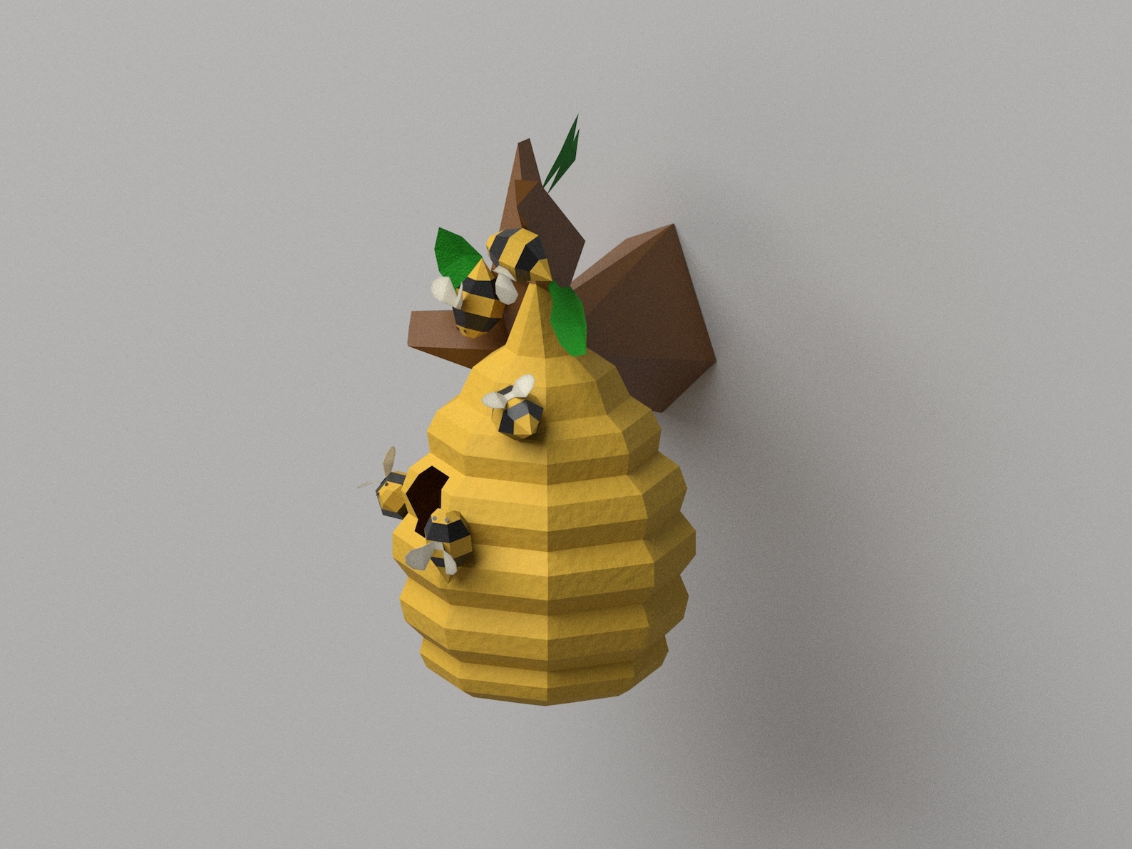 Papercraft Bee and Hive on a Branch, Low Poly Bee and Hive Template ...