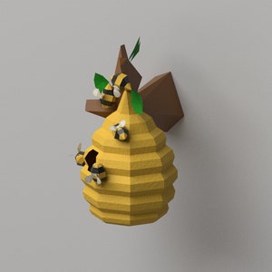 Papercraft Bee and Hive on a Branch, Low Poly Bee and Hive Template ...