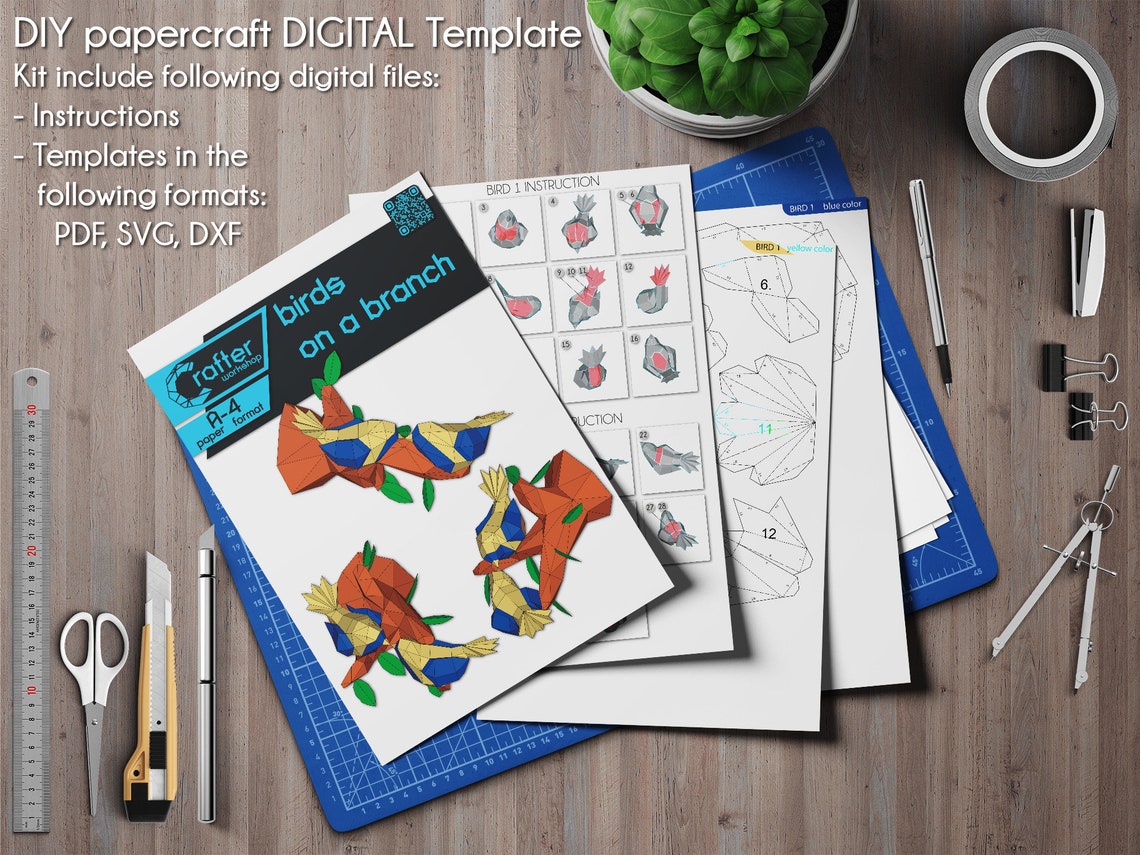 Papercraft 3D Birds on a Branch Template, SVG Bird Template, Origami ...