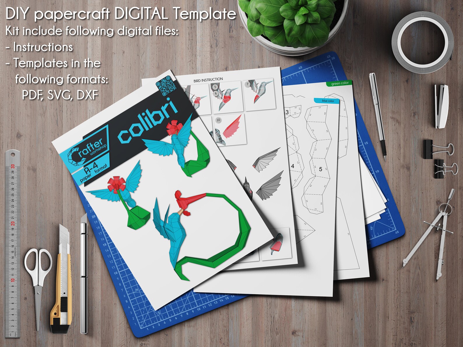 Papercraft 3D Hummingbird Template, SVG Template, Origami Paper Bird ...