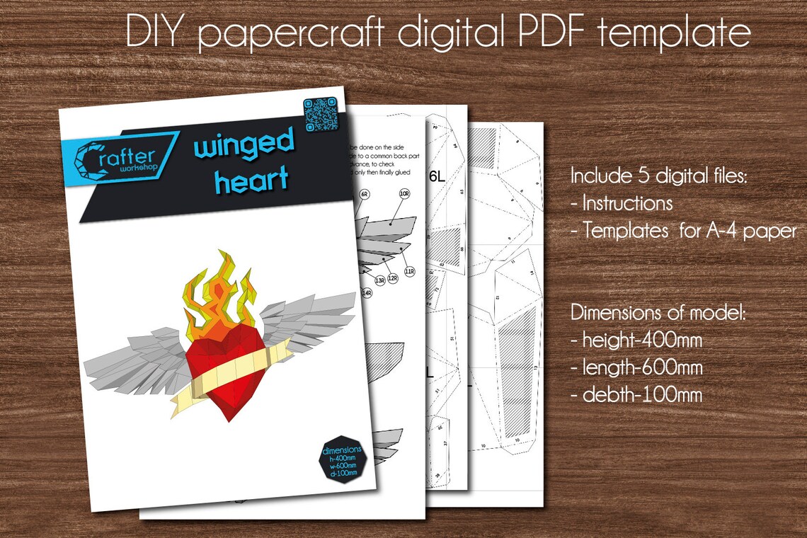 Papercraft Heart Paper Winged Heart Heart Template PDF - Etsy
