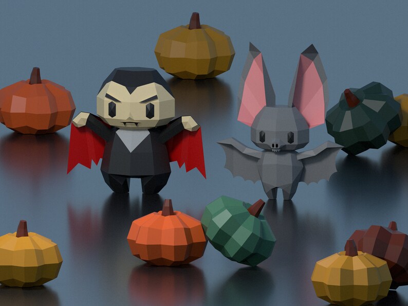 Papercraft Halloween Vampire and Bat, Low Poly Vampire and Bat Template ...