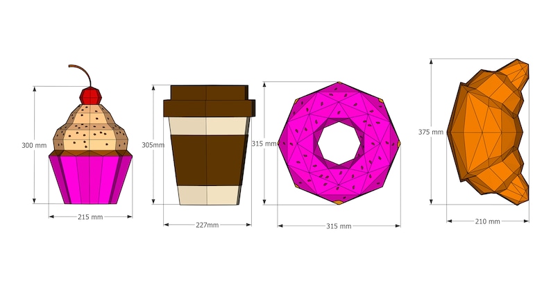 Papercraft 3d Cup of Coffe, Donut, Cupcake, Croissant, Low Poly ...