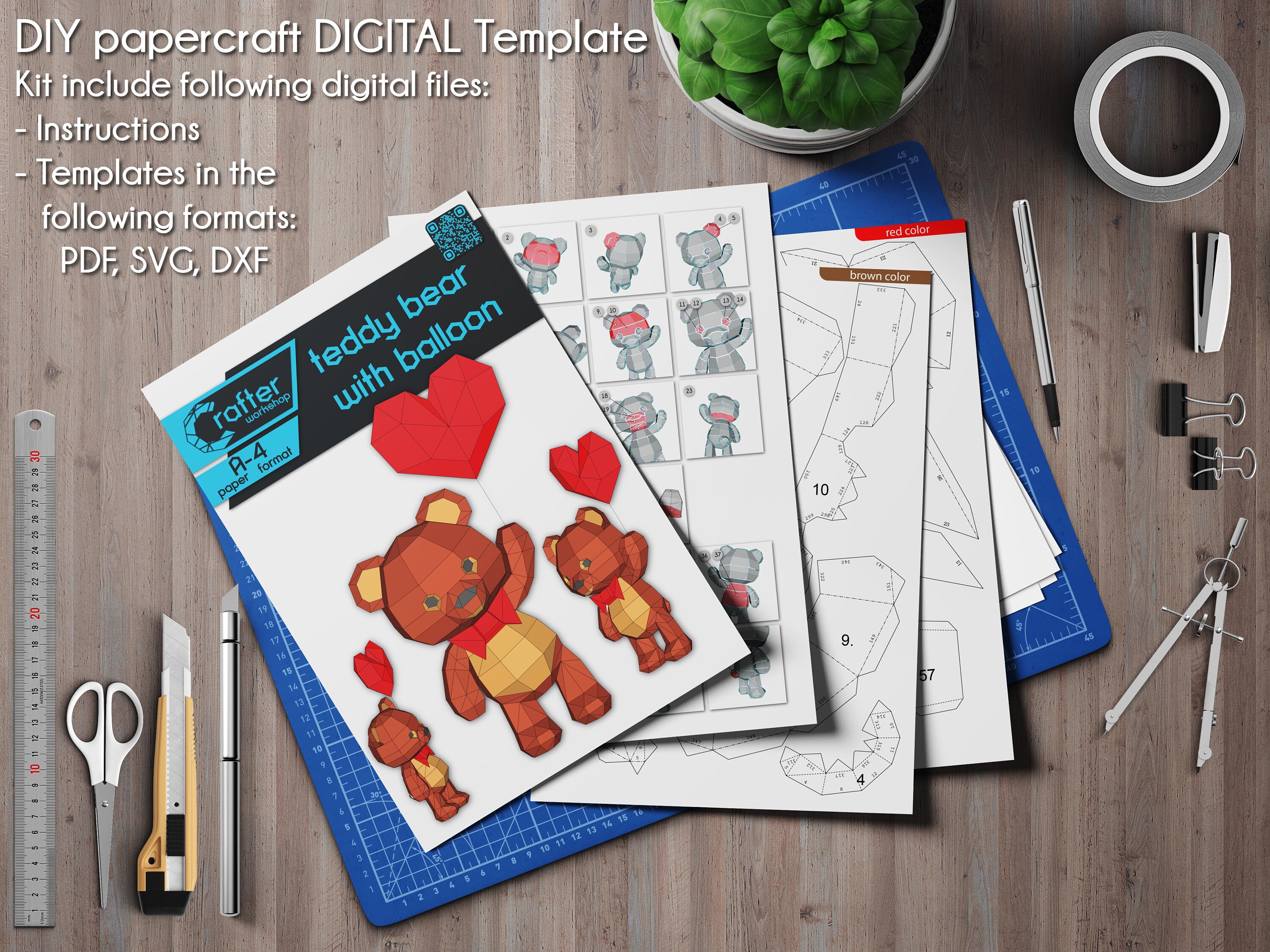 3d Papercraft Teddy Bear With Heart Balloon Digital PDF Template for ...