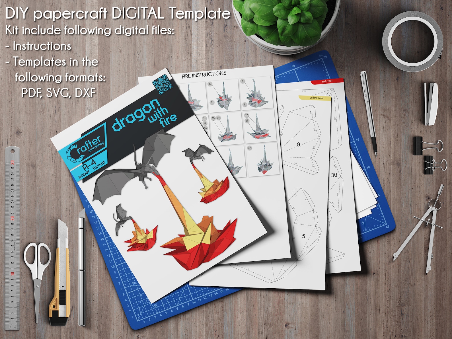 3D Papercraft Dragon With Fire, Low Poly Fire Dragon Template, Paper ...