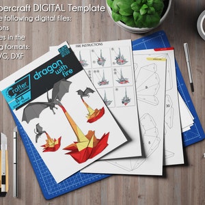3D Papercraft Dragon With Fire, Low Poly Fire Dragon Template, Paper ...