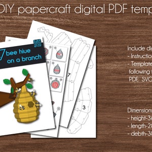 Papercraft Bee and Hive on a Branch, Low Poly Bee and Hive Template ...