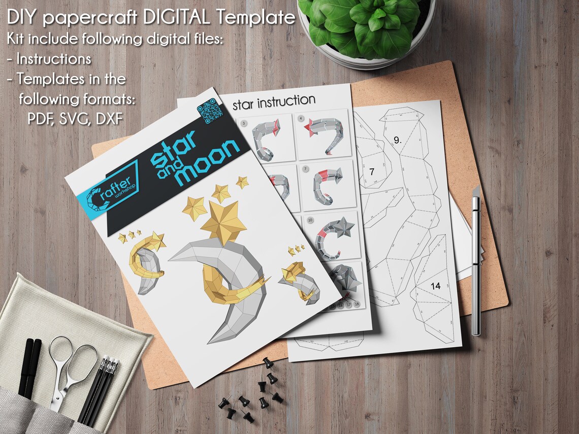 Papercraft Star and Moon, Low Poly Star and Moon Template, Home Paper ...