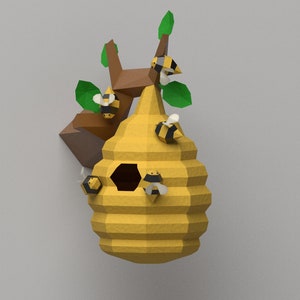 Papercraft Bee and Hive on a Branch, Low Poly Bee and Hive Template ...
