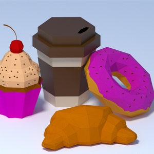 Papercraft 3d Cup of Coffe, Donut, Cupcake, Croissant, Low Poly ...