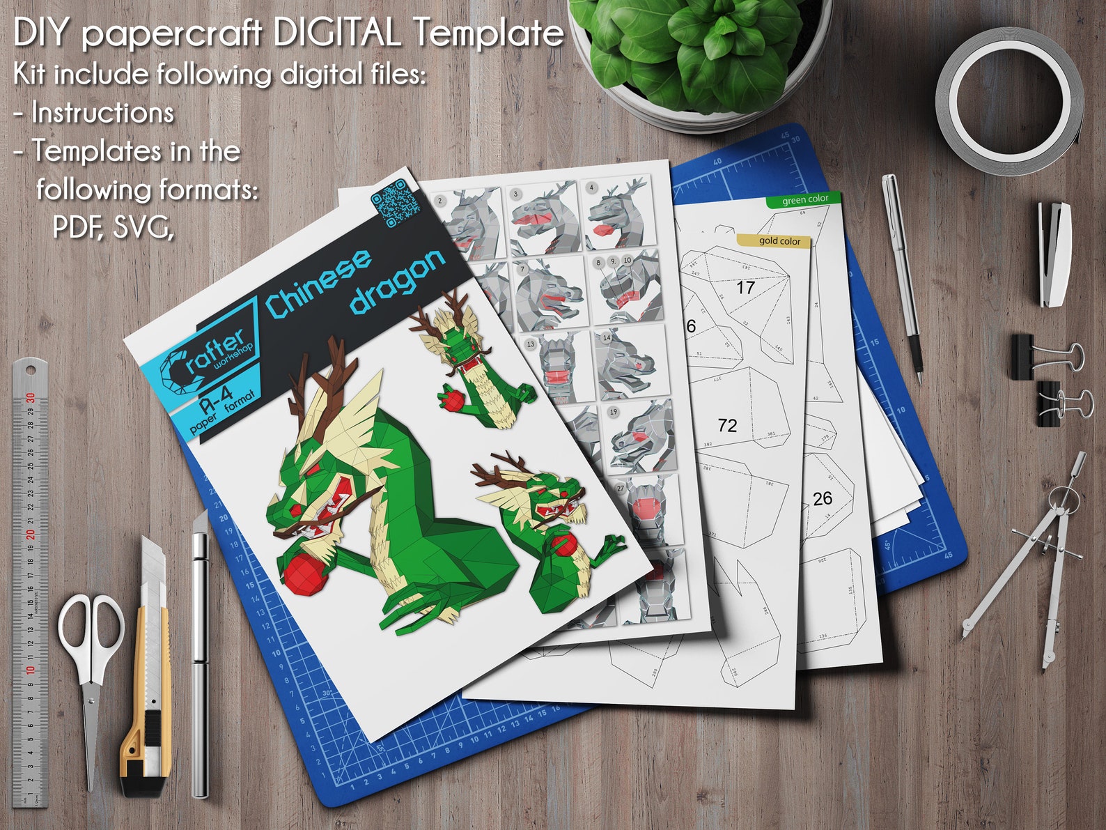 3D Papercraft Chinese Dragon, Low Poly Dragon SVG Template, Paper Decor ...