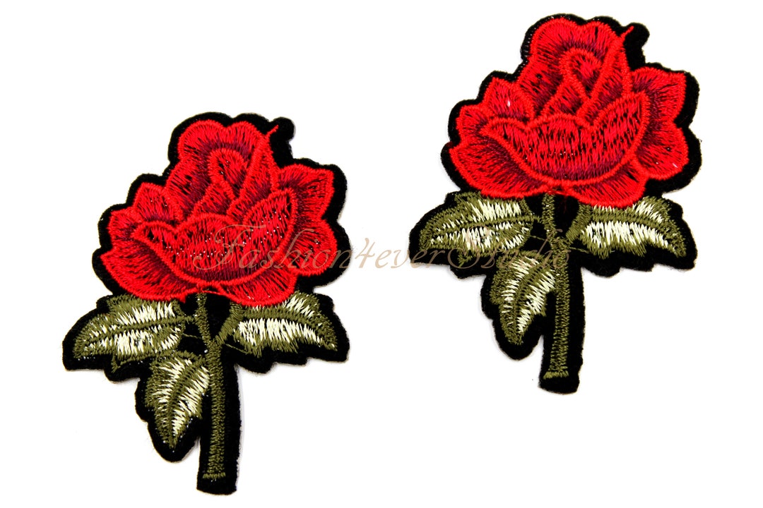 2ps Flower Patch, Iron on Rose Patch, Red Rose Applique, Embroidered ...
