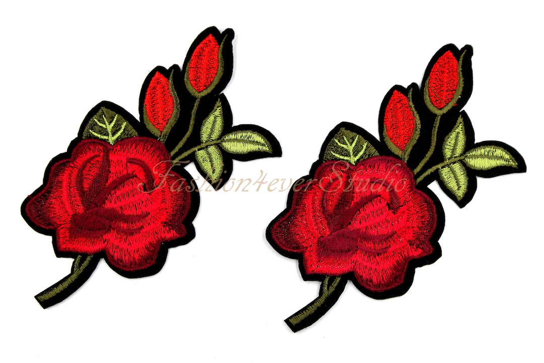 4ps Flower Patch, Iron on Rose Patch, Red Rose Applique, Embroidered ...