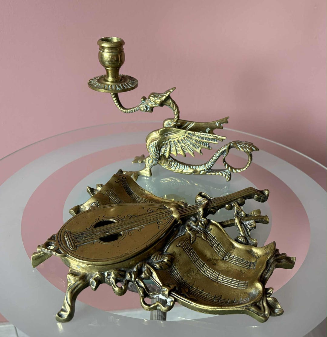 Antique Brass Desk Set Dragon Candlestick and Mandolin Inkwell 19th ...