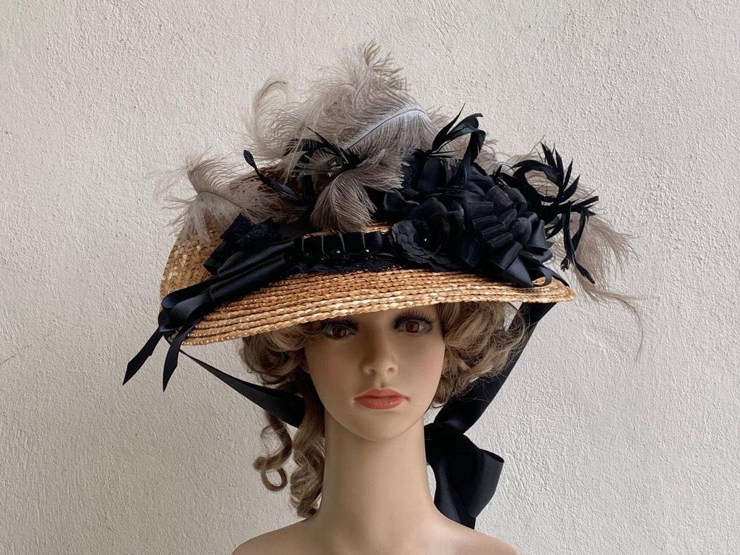 Large Rococo Straw Hat Bergere Black Shepherdess Hat, Victorian ...