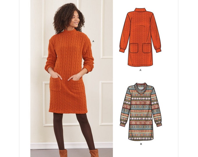 Sewing Pattern for Womens Knit Dress, Long Sleeve Dress, Winter Dress ...