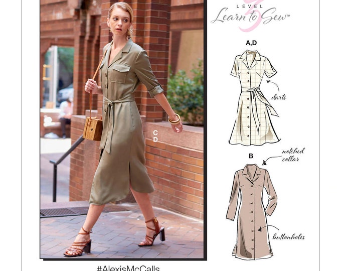 Easy Sewing Pattern For Womens Dress, Button Front Dress Pattern, Shirt 