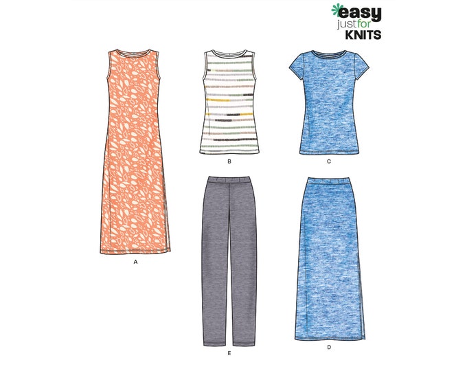 Sewing Pattern for Womens Knit Dress, Top, Skirt, and Pants, Knit Maxi ...