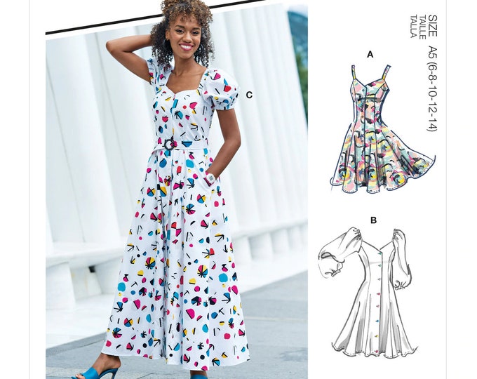 Sewing Pattern For Women's Dress, Button Front Dress, Puff Sleeve Dress
