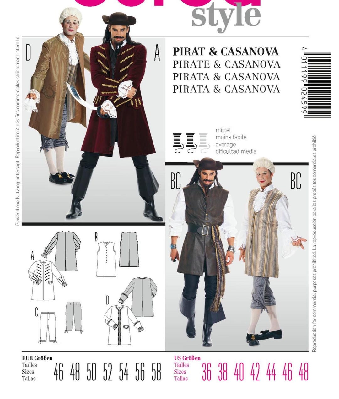 Sewing Pattern for Mens Costume, Pirate Costume, 18th Century Costume ...