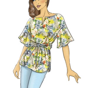 Sewing Pattern for Women's Tops, Short Sleeve Tie Front Blouse Pattern ...