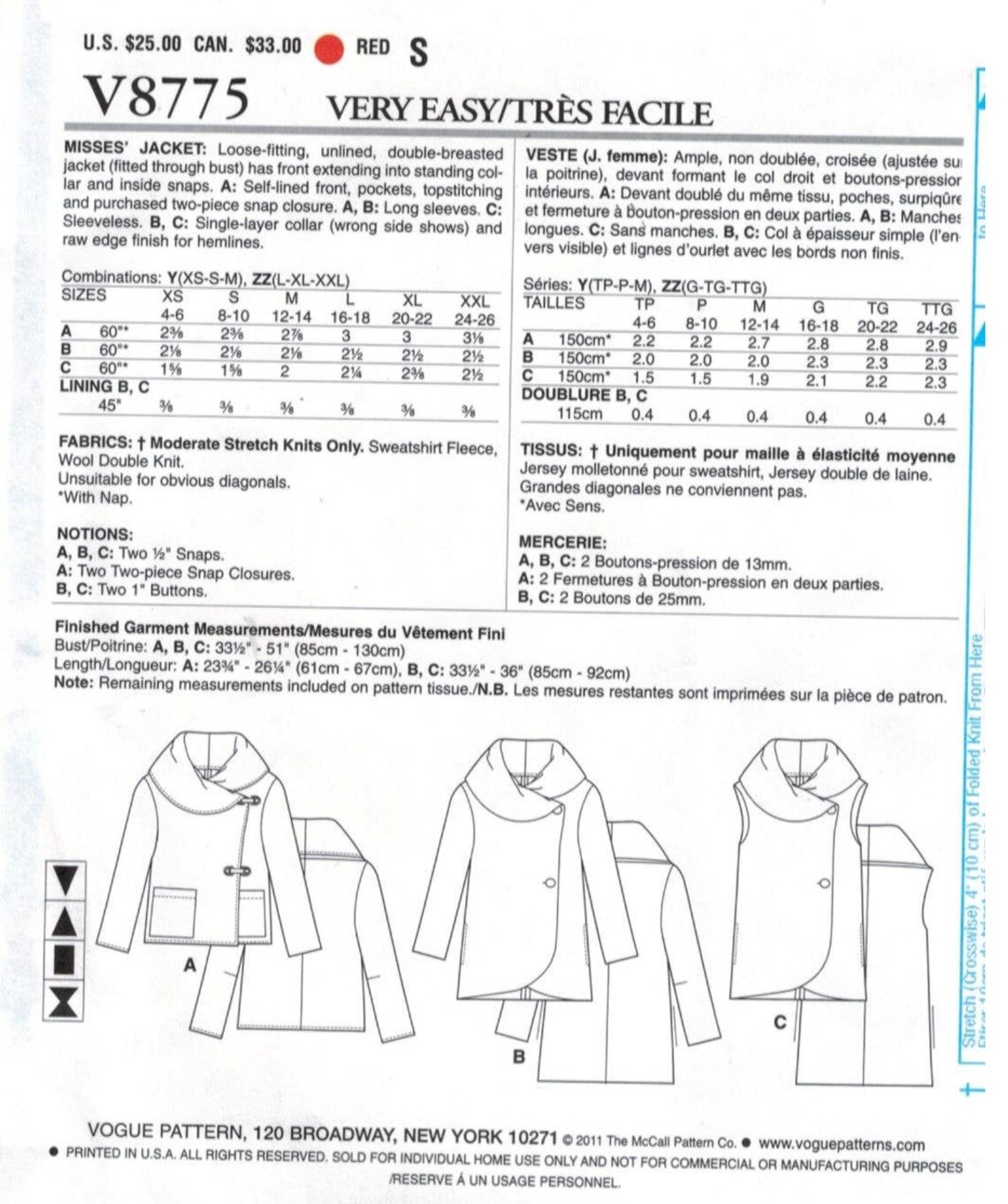 Vogue Sewing Pattern for Womens Jacket and Vest Button Front - Etsy